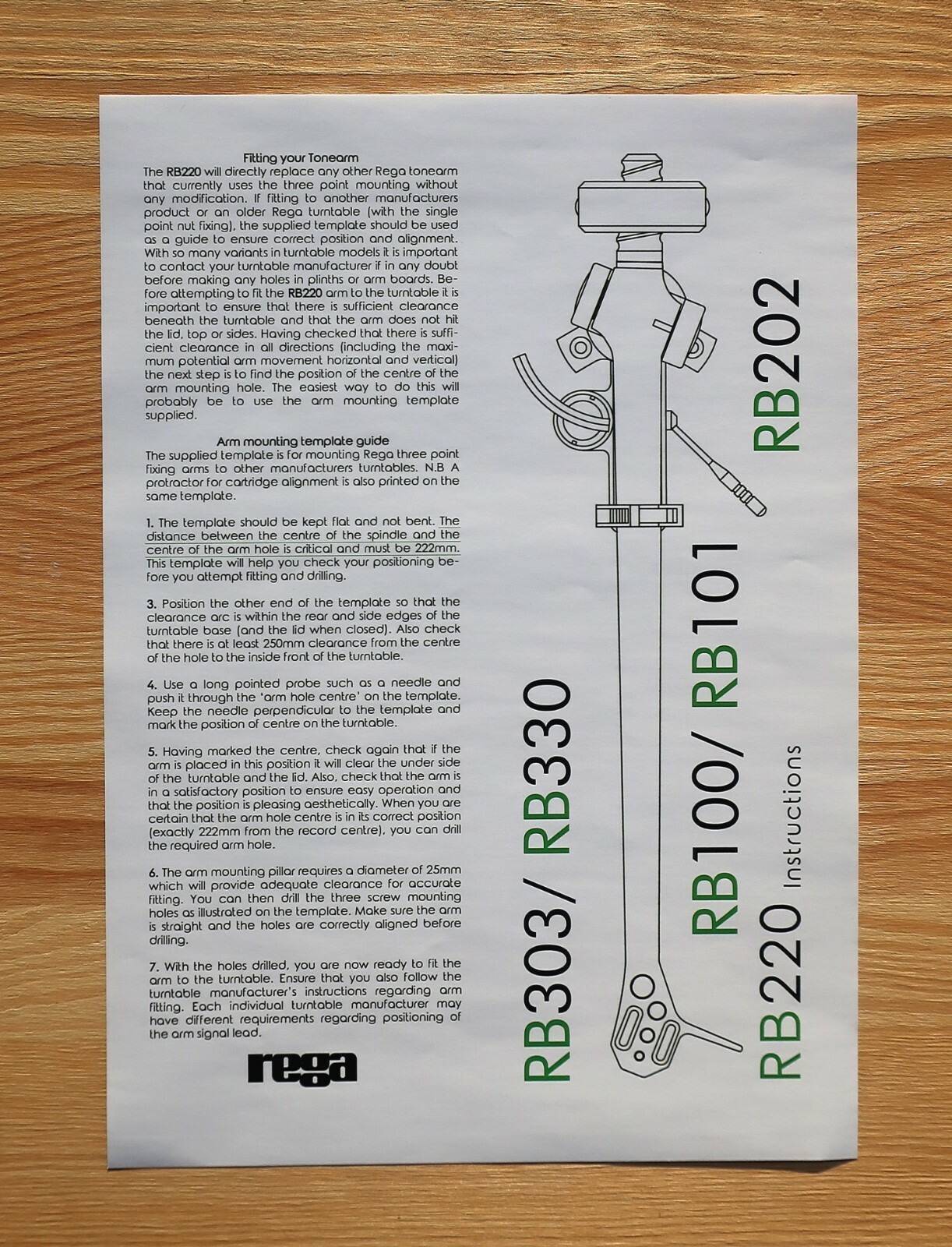 Rega RB100/RB101/RB202/RB220/RB303/RB330 Tonearm Alignment Protractor ...