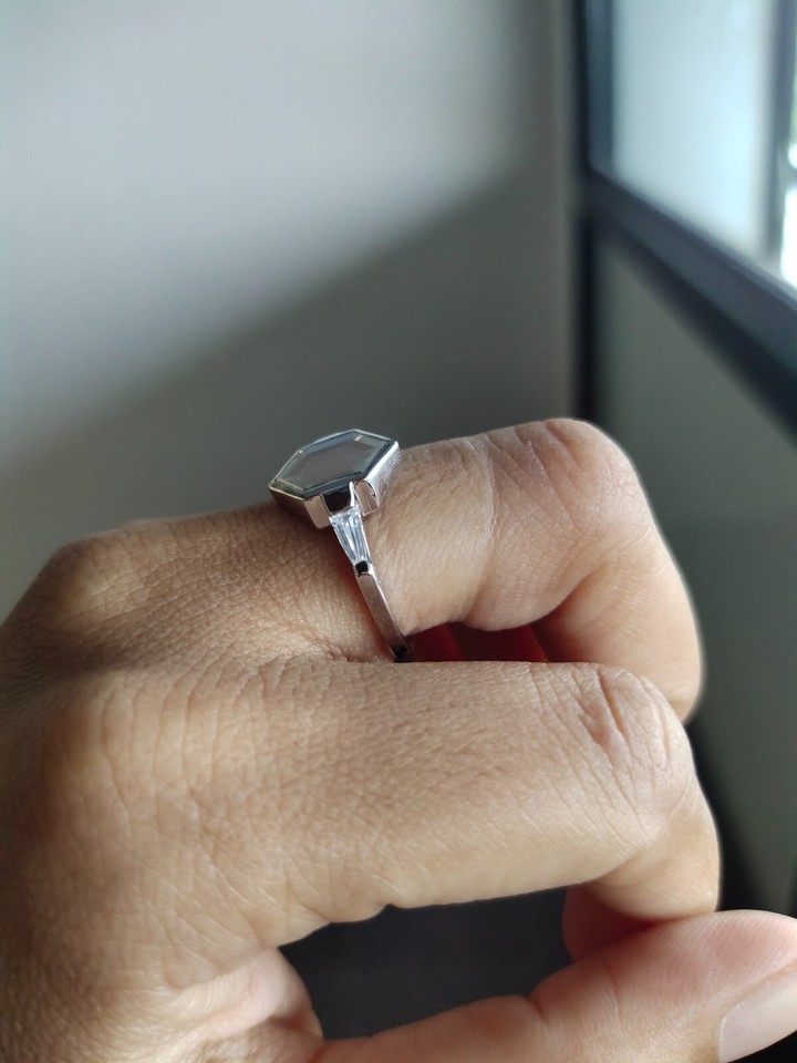 Hexagon Shape Portrait Cut Moissanite Engagement Ring Bezel Set 3 Stone ...