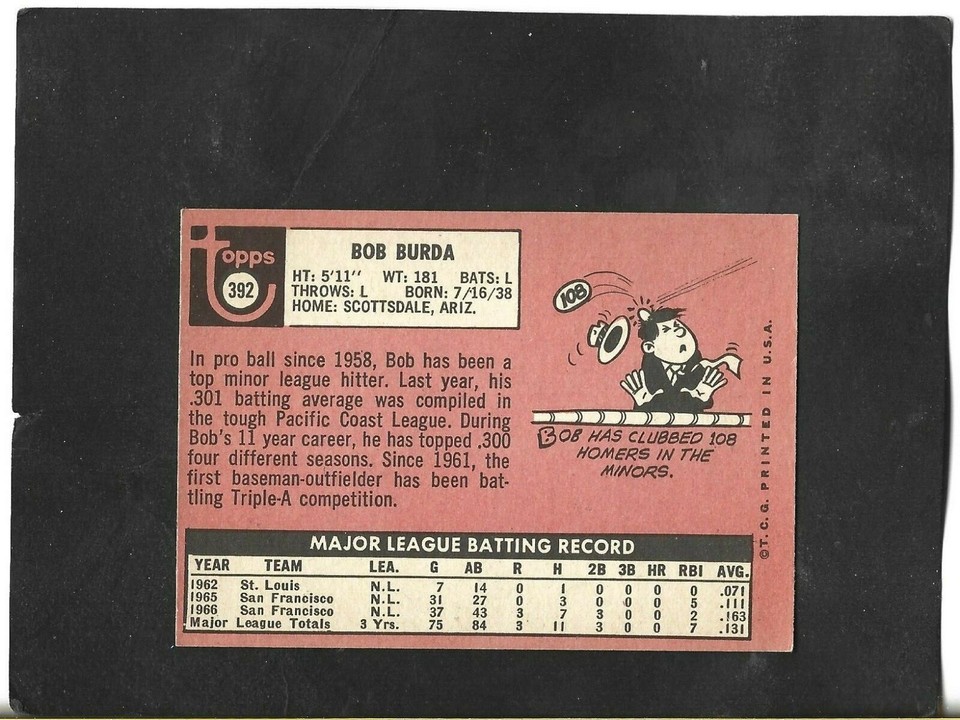 1969 Topps MLB # 392 Bob Burda | eBay