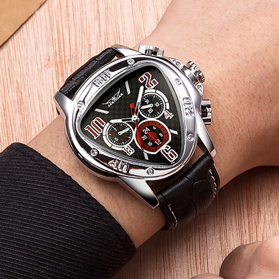 JARAGAR Mens Triangle Automatic Mechanical Watch Leather Calendar Wrist ...