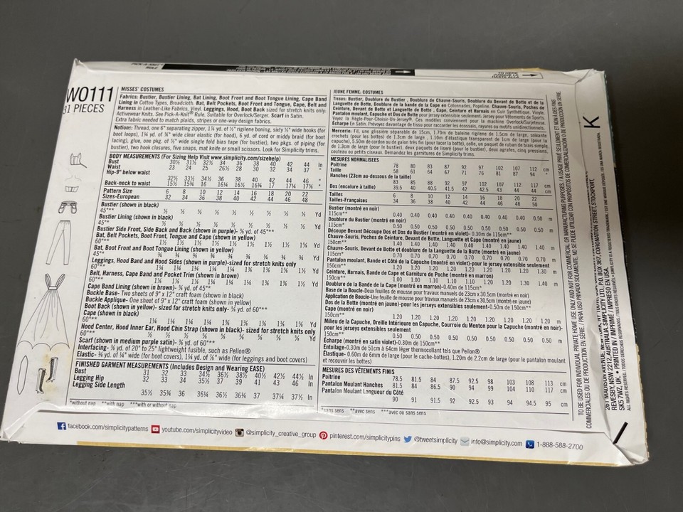 Simplicity 8197 UNCUT Sewing Pattern, DC Bombshells Batgirl Costume ...