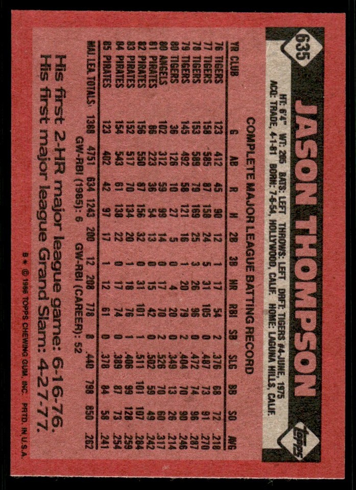 1986 Topps Jason Thompson Pittsburgh Pirates #635 | eBay