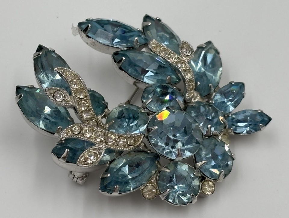 Vintage Eisenberg Ice Rhodium Plated Ice Blue Rhinestone Leaf Spray ...