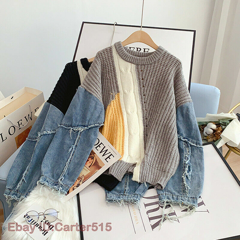Women's Denim Sleeve Patchwork Sweater Autumn Winter Loose Lazy Knit ...