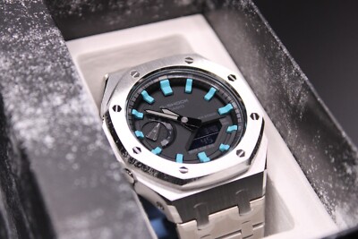 Custom silver casioak g-shock ga-2100 1a1 watch - blue & silver | eBay