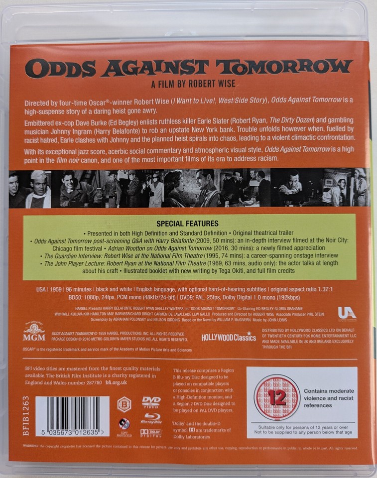 ODDS AGAINST TOMORROW Blu Ray (BFI, 1959) Harry Belafonte BOOK (Region ...