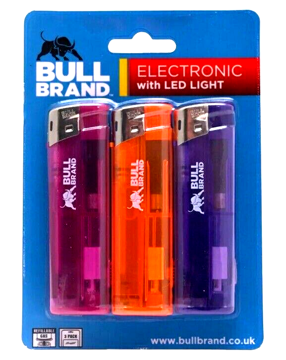 3 PACK OF ELECTRONIC REFILLABLE BULL BRAND LIGHTERS WITH LED TORCH ...
