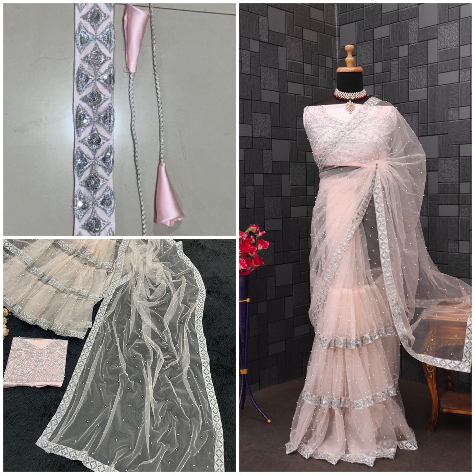 Women's Soft Net Ready To Wear One Minute Saree Ruffle Sari Thread ...