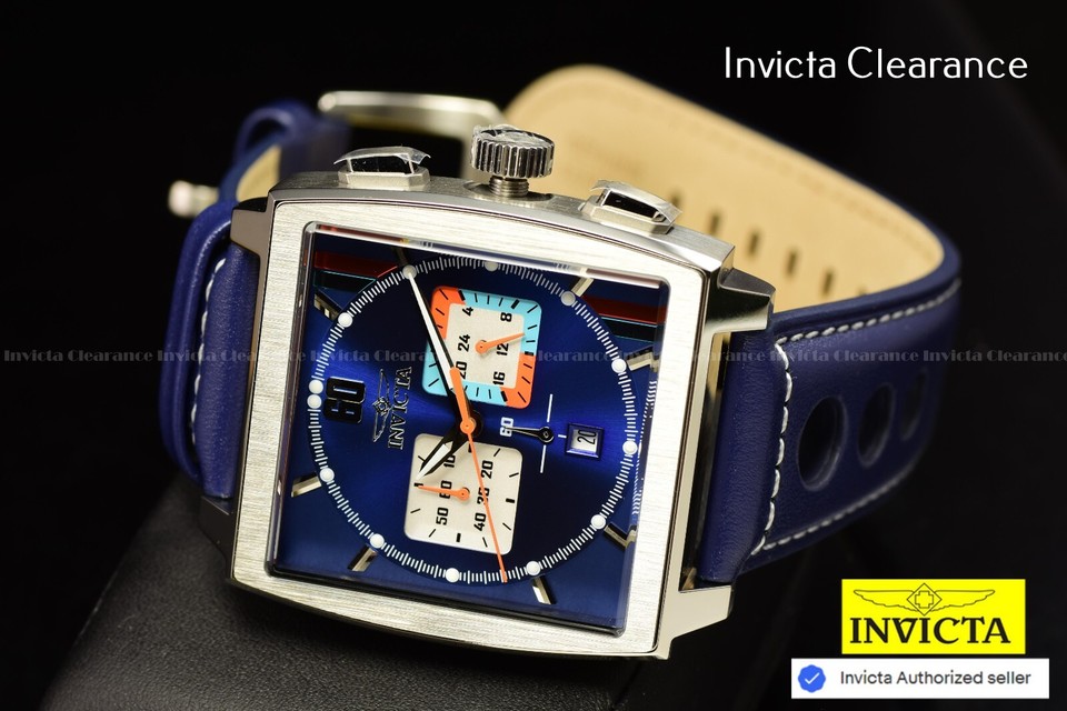Invicta S1 Rally Cuadro Men's 45mm Dark Blue GMT Leather Chrono Watch ...