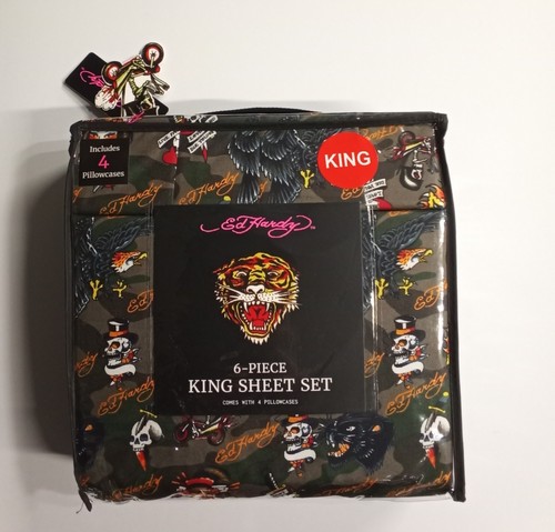 Ed Hardy Skull Motorcycle 6 Piece King Sheet Set Tattoo Print with 4 ...