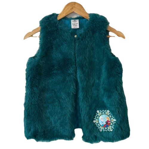 Disney Store Frozen Faux Fur Vest Girls 9/10 Teal Elsa Anna Lined ...