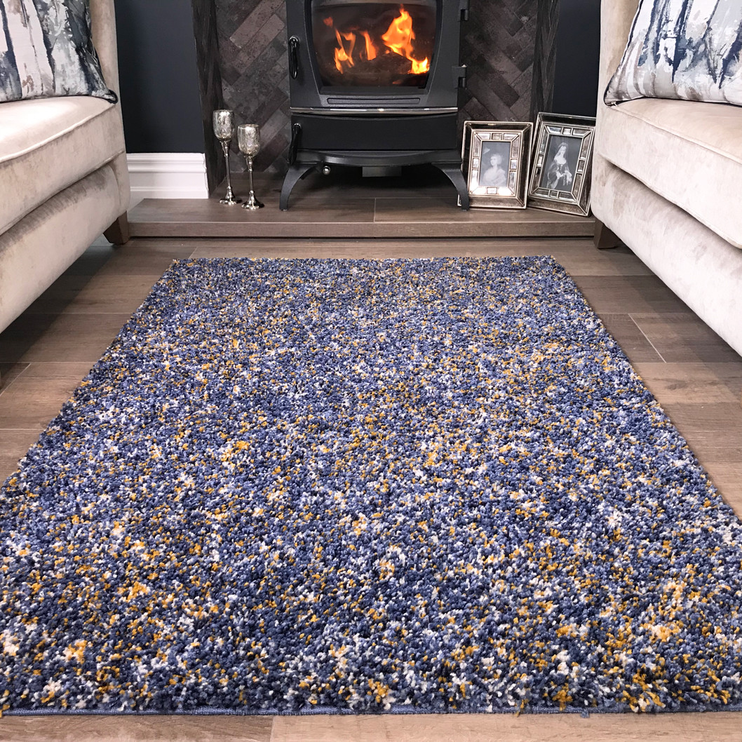 SOFT MOTTLED BLUE YELLOW SHAGGY RUGS SMALL LARGE THICK FLECK SHAGGY ...