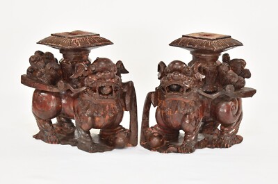 Pair of Antique Chinese Red Wooden Carved Statue of Fu Foo Dog Lion | eBay