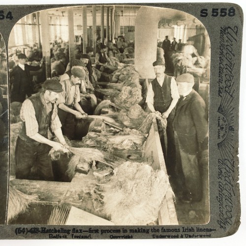 Combing Flax Fiber in Belfast Stereoview c1900 Ireland Linen Factory ...