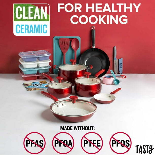 Tasty Clean Ceramic Non-Stick Aluminum Cookware Set, 24-Piece, Red | eBay