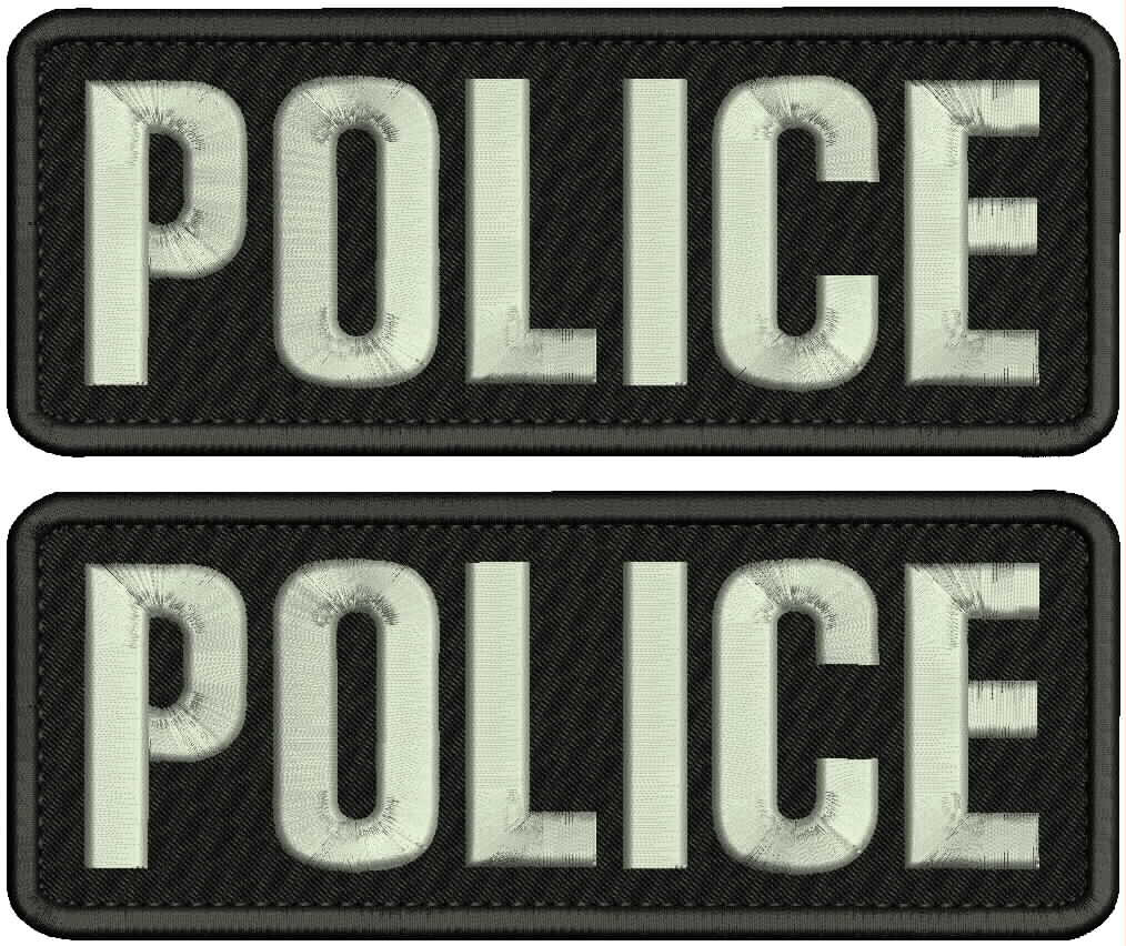 POLICE 2 EMBROIDERY PATCHES 3X8 '' VELCR@ ON BACK SILVER ON BLACK | eBay