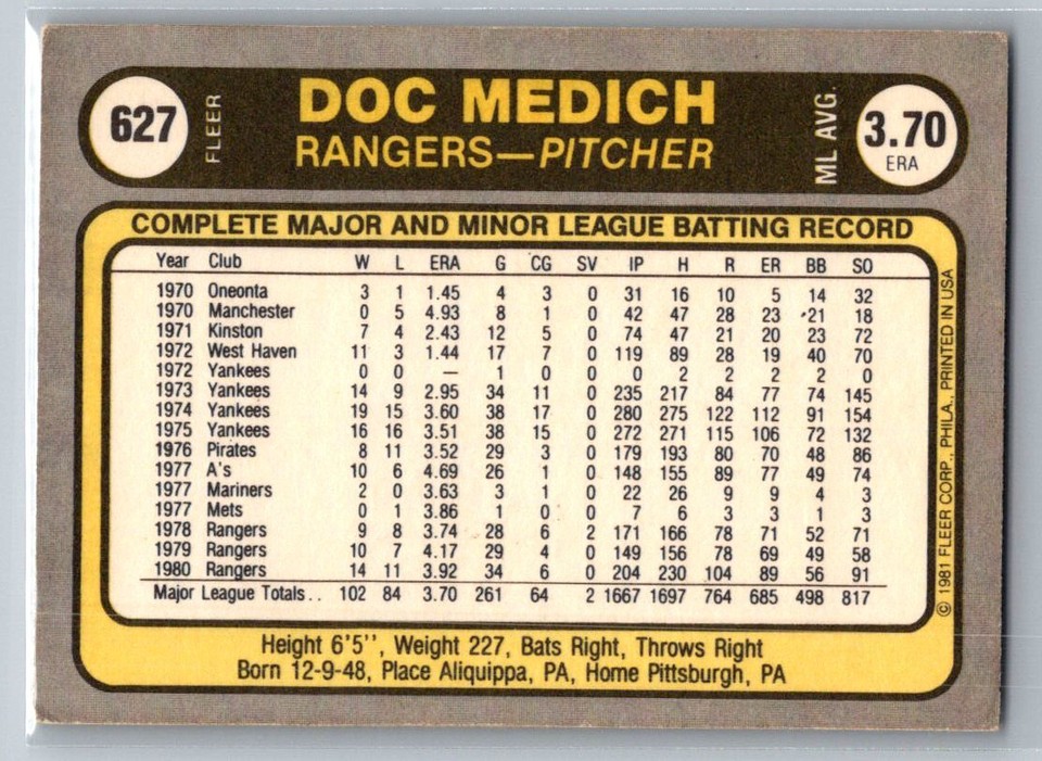 1981 Fleer #627 Doc Medich Texas Rangers Baseball Card | eBay
