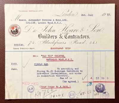 1953 John Hoare & Son, Builders & Contractors, Old Vic Theatre Invoice ...