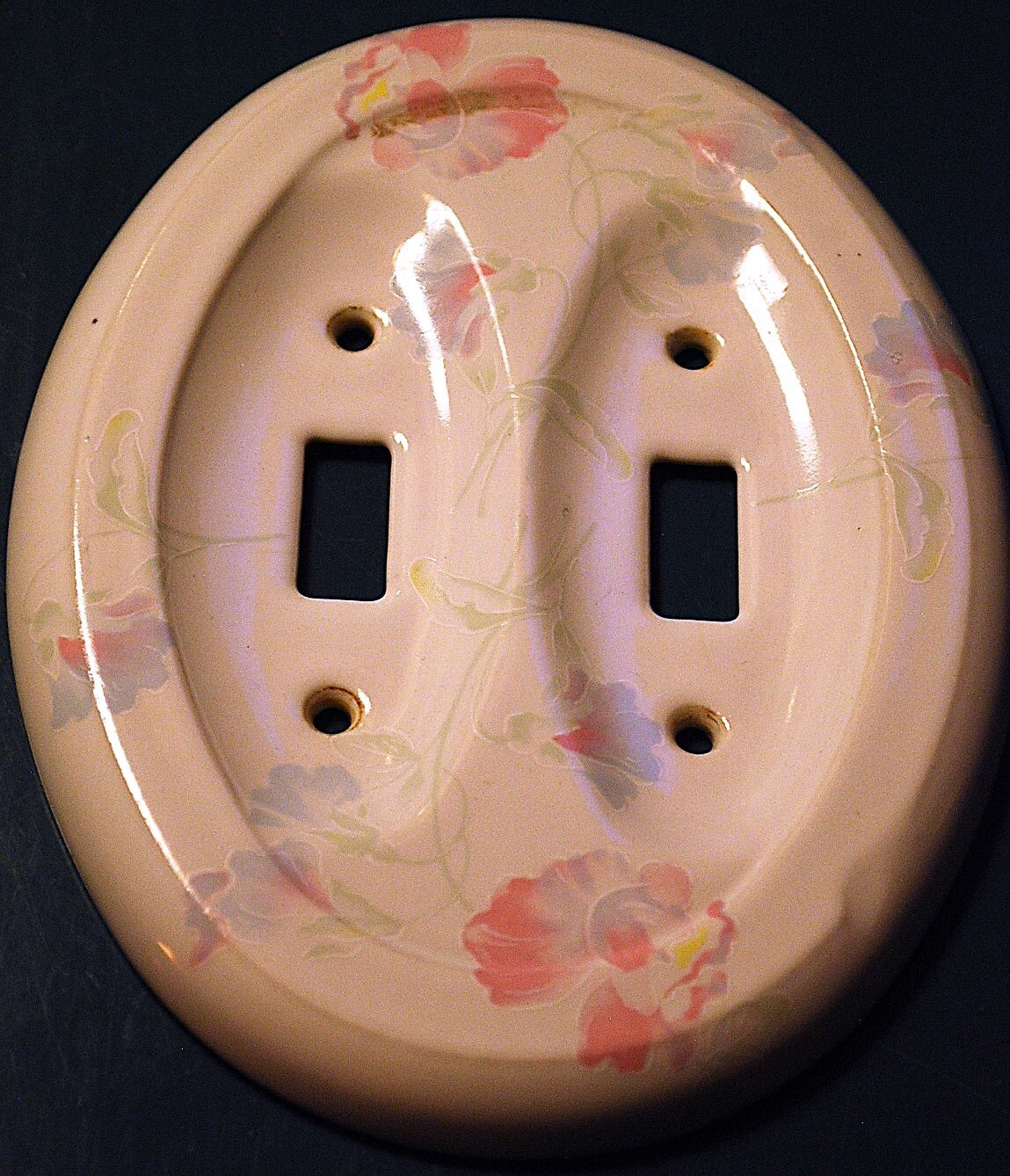 Vtg OVAL FLORAL Double Light Switch WHITE PORCELAIN Outlet Cover Plate ...