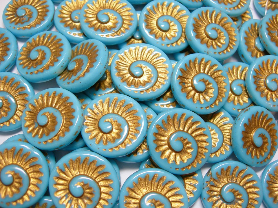 6 - 18mm Baby Blue Gold Fossil Snail Shell Swirl Spiral Czech Glass ...
