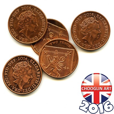 Set of (x5) BRITISH 2016 ELIZABETH II TWO PENCE coins, 9 Years Old ...
