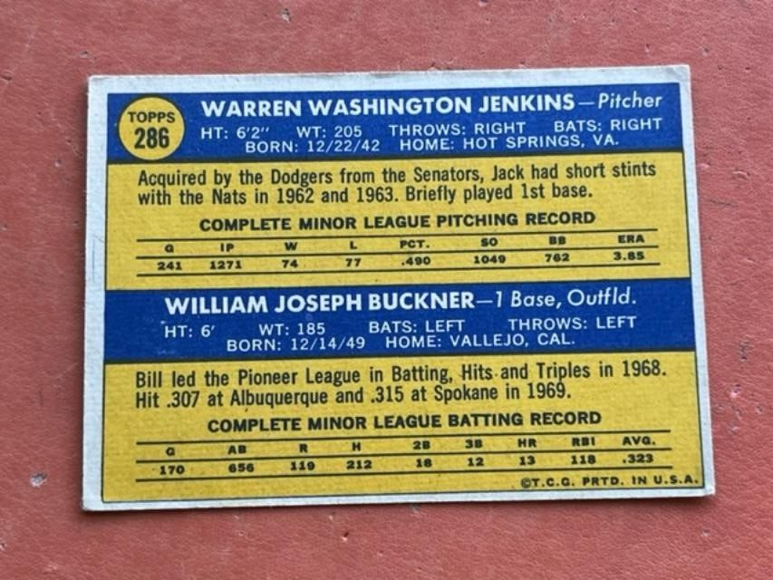 1971 Topps Bill Buckner Jack Jenkins Rookie Card #286 Dodgers EX SHIPS ...