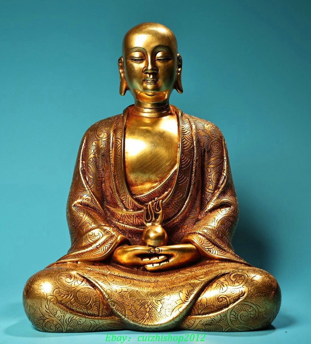 11'' Old Tibet Pure Bronze Gilt Tang Seng San Zang Ksitigarbha Buddha ...