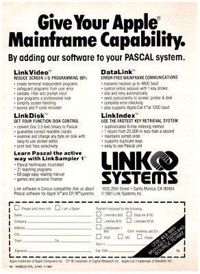PRINT AD, 1981 Link Systems Santa Monica CA Give Your Apple Mainframe ...