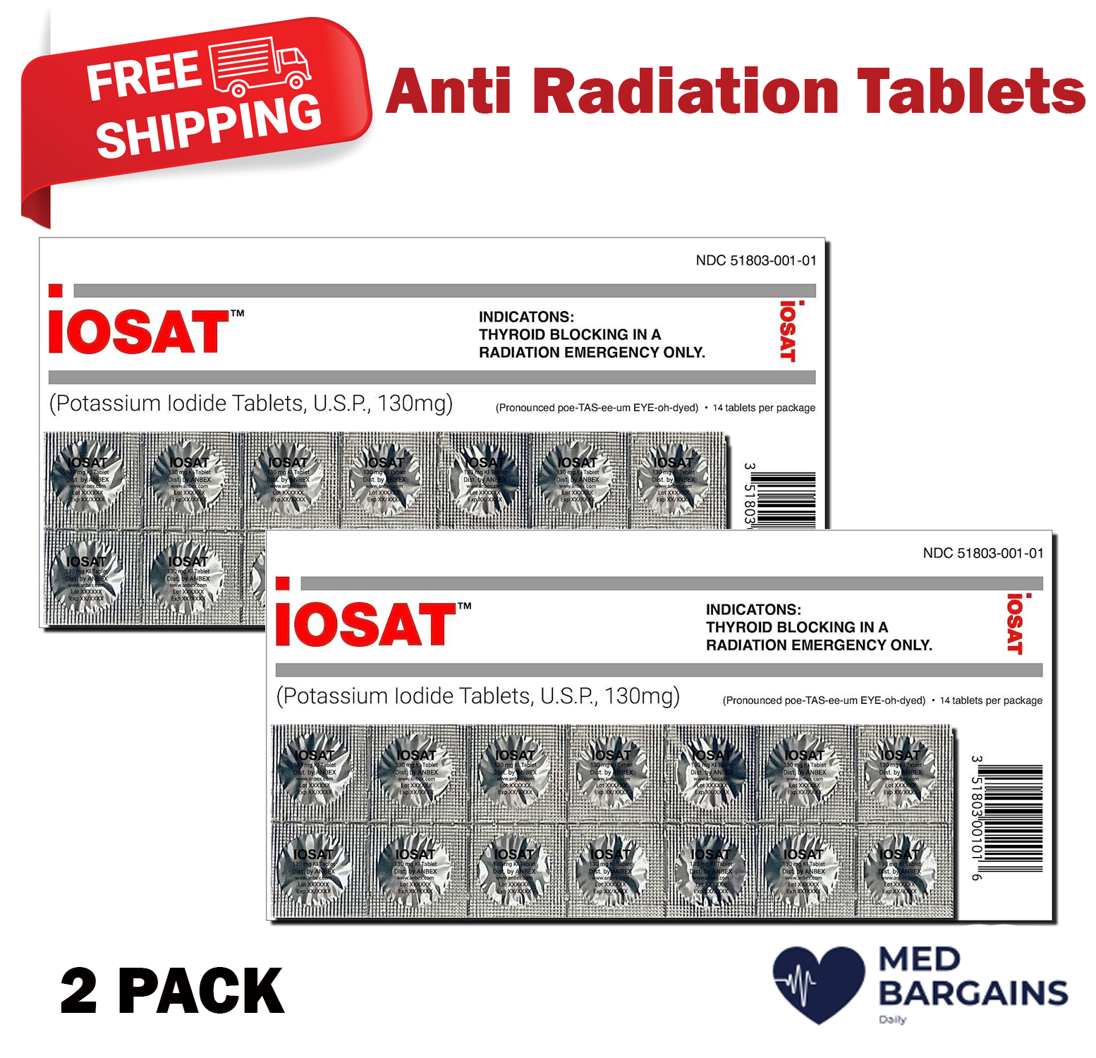 Anti Radiation Iosat Potassium Iodide Tablets, 130mg Adults 2PACK 14 ...