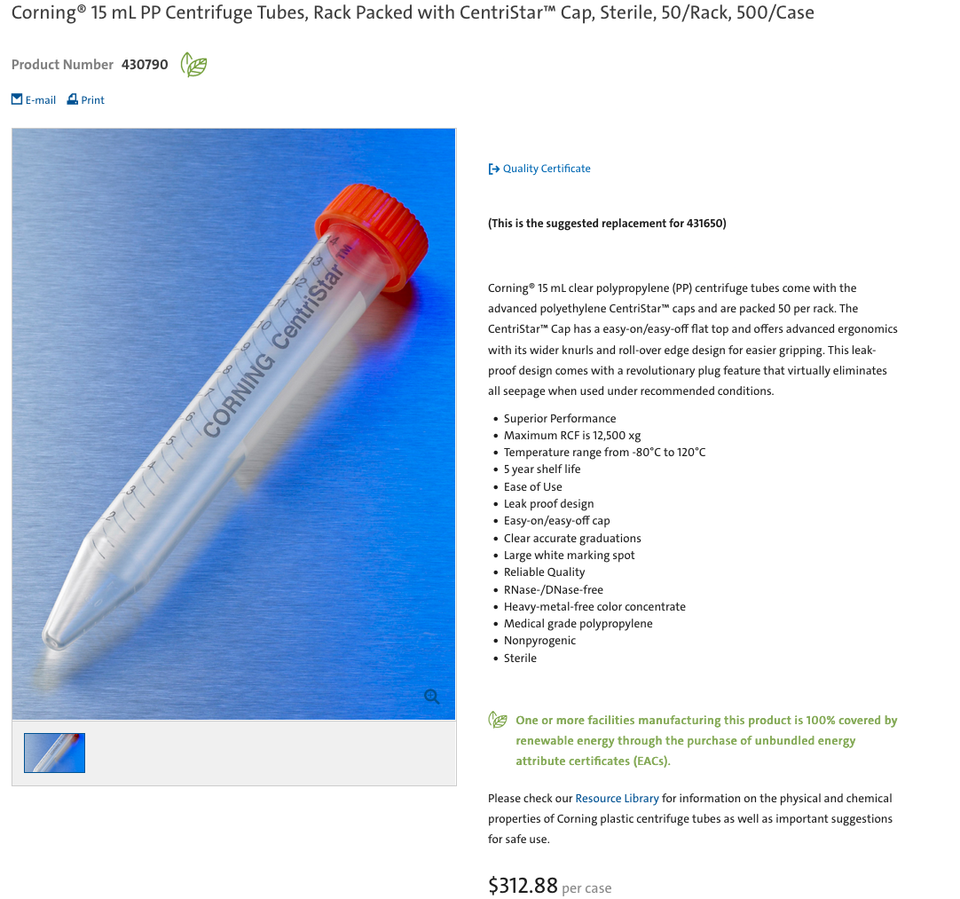 TUBES - Corning 430790 15mL Polypropylene CentriStar Cap Sterile - 500 ...