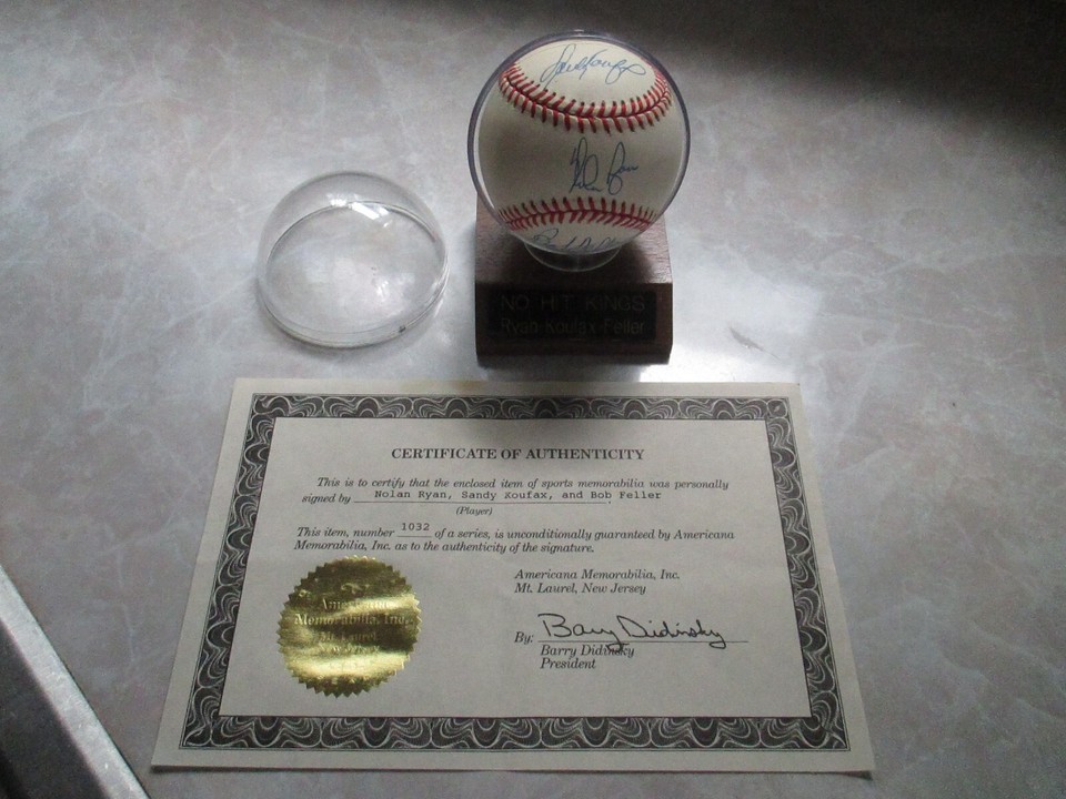 Sandy Koufax Nolan Ryan Bob Feller Signed Baseball with COA No Hit ...