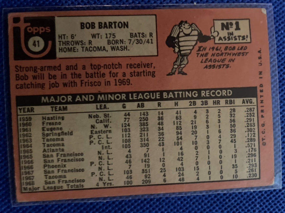 1969 TOPPS # 41 BOB BARTON | eBay