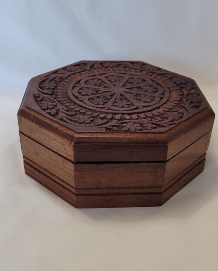 VTG Hinged Octagonal Wood Trinket Jewelry Box with Hand Carving | eBay