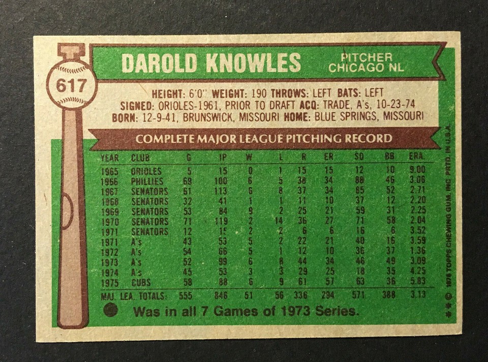 Darold Knowles Cubs signed 1976 Topps baseball card #617 Auto Autograph ...