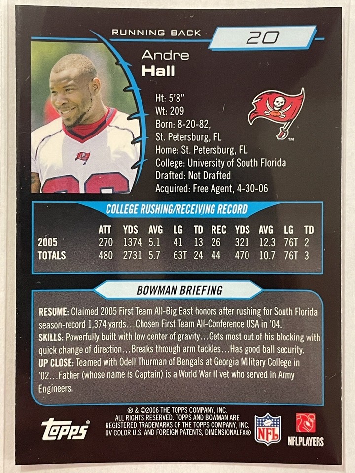 2006 Bowman ANDRE HALL Rookie RC #20 Football Tampa Bay Buccaneers | eBay
