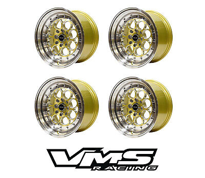 4 15X8 VMS RACING REVOLVER GOLD POLISHED DRAG WHEELS 4X100/4X114 ET20 ...