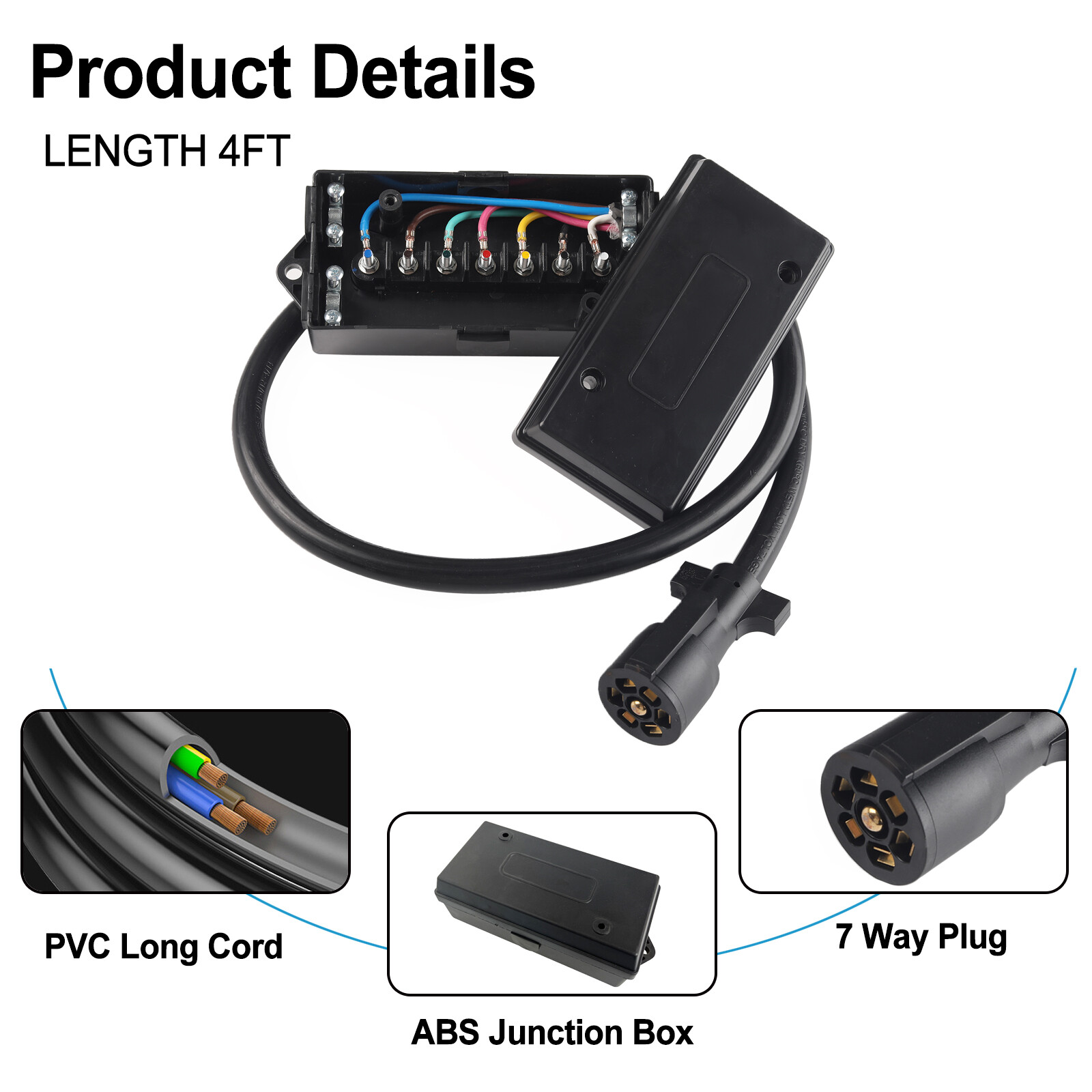 Universal 1.2m Trailer Cord 7 Way Plug Inline Junction Box Wiring ...