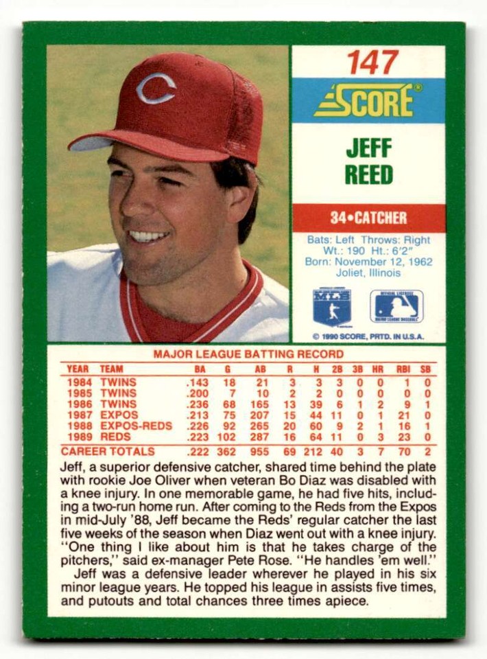 1990 Score #147 Jeff Reed Cincinnati Reds Baseball Cards EX/NM ID:55187 ...