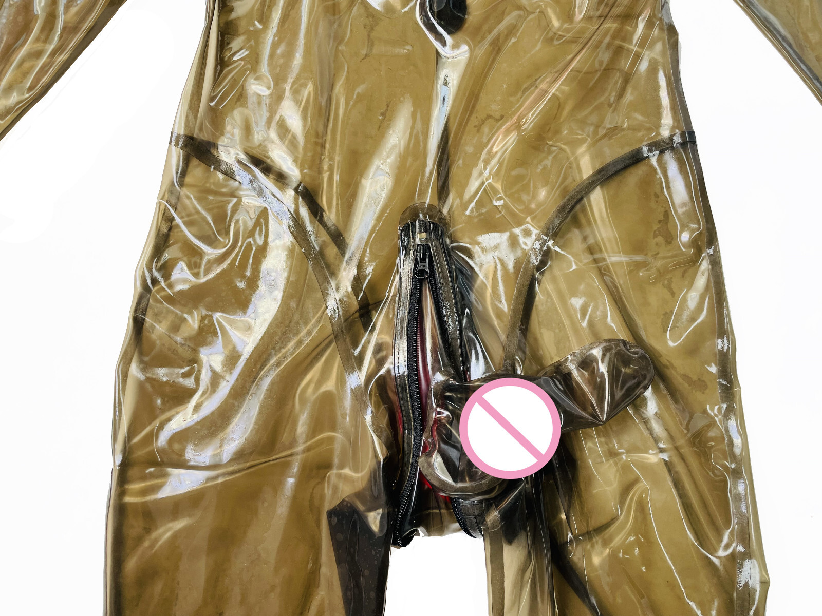 Transparent Black latex gummi catsuit codpiece hidden two sheath back ...