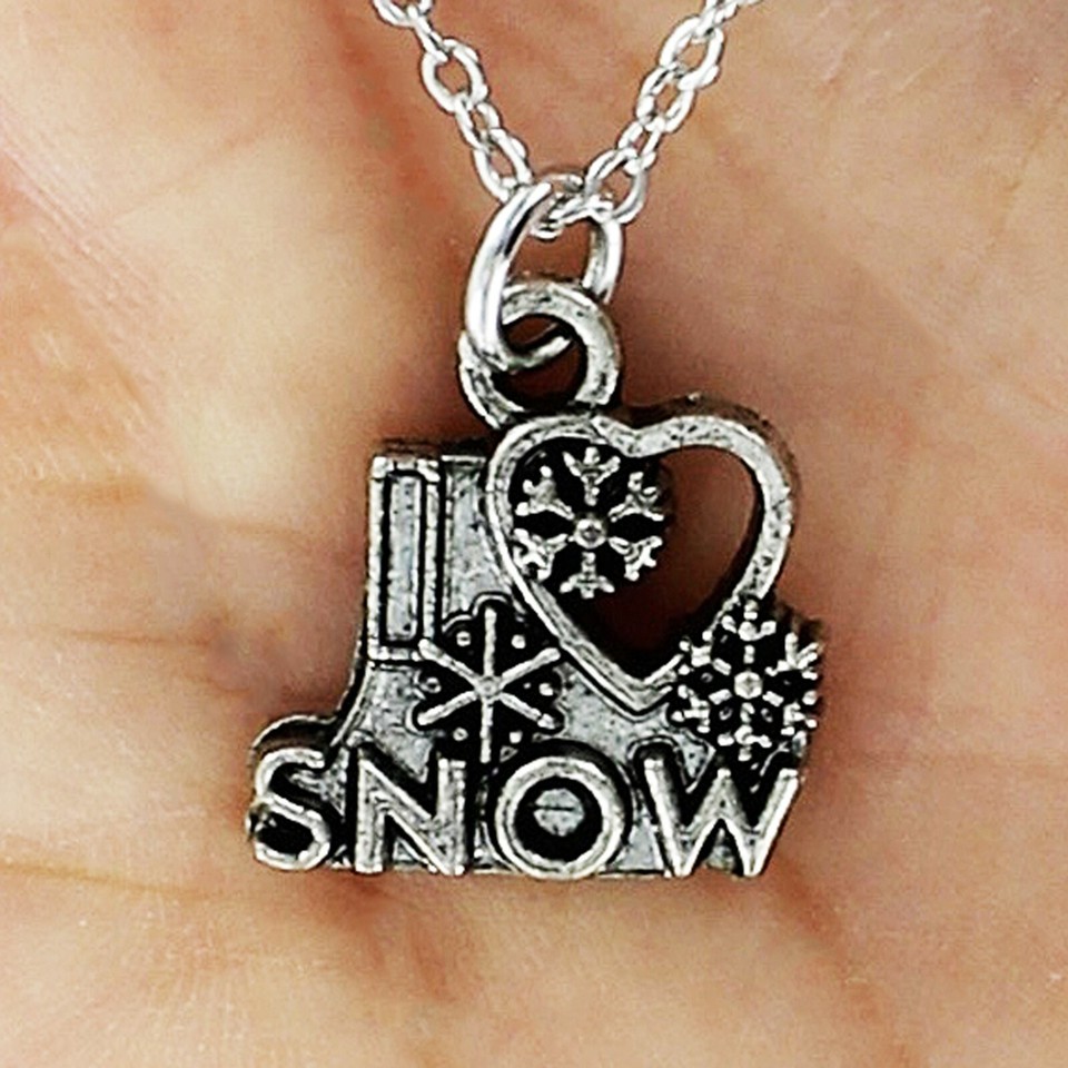 I LOVE SNOW Necklace on Chain or Charm Only - Pewter Winter Ski Heart ...