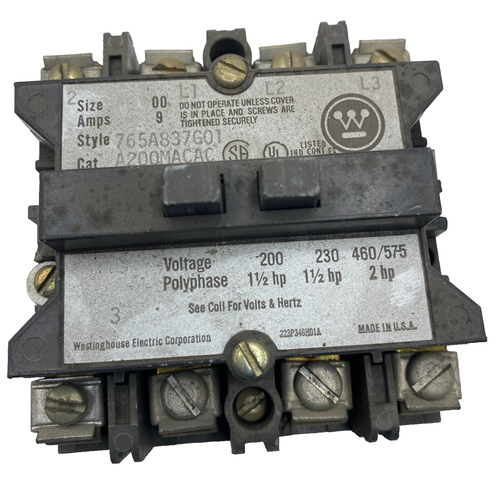 WESTINGHOUSE A200MACAC MOTOR STARTER SIZE 00 AMPS 9 120/110V MADE IN ...