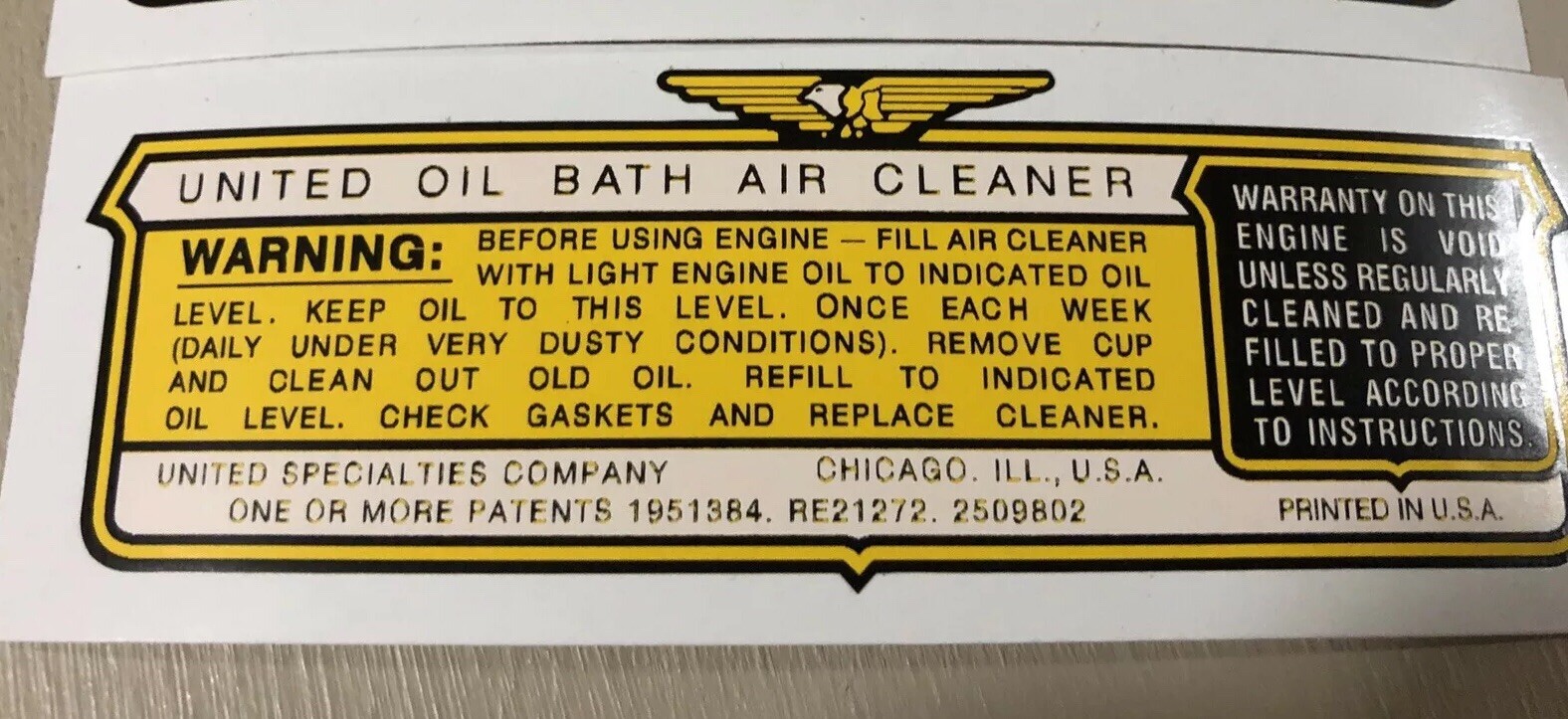 United Oil Bath Air Cleaner Decal, Set Of Two New Price Briggs ...