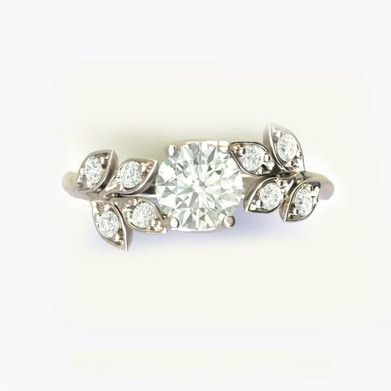 3ct Round Lab-Created Moissanite Ring Flower Leaf Design 9k White Gold ...