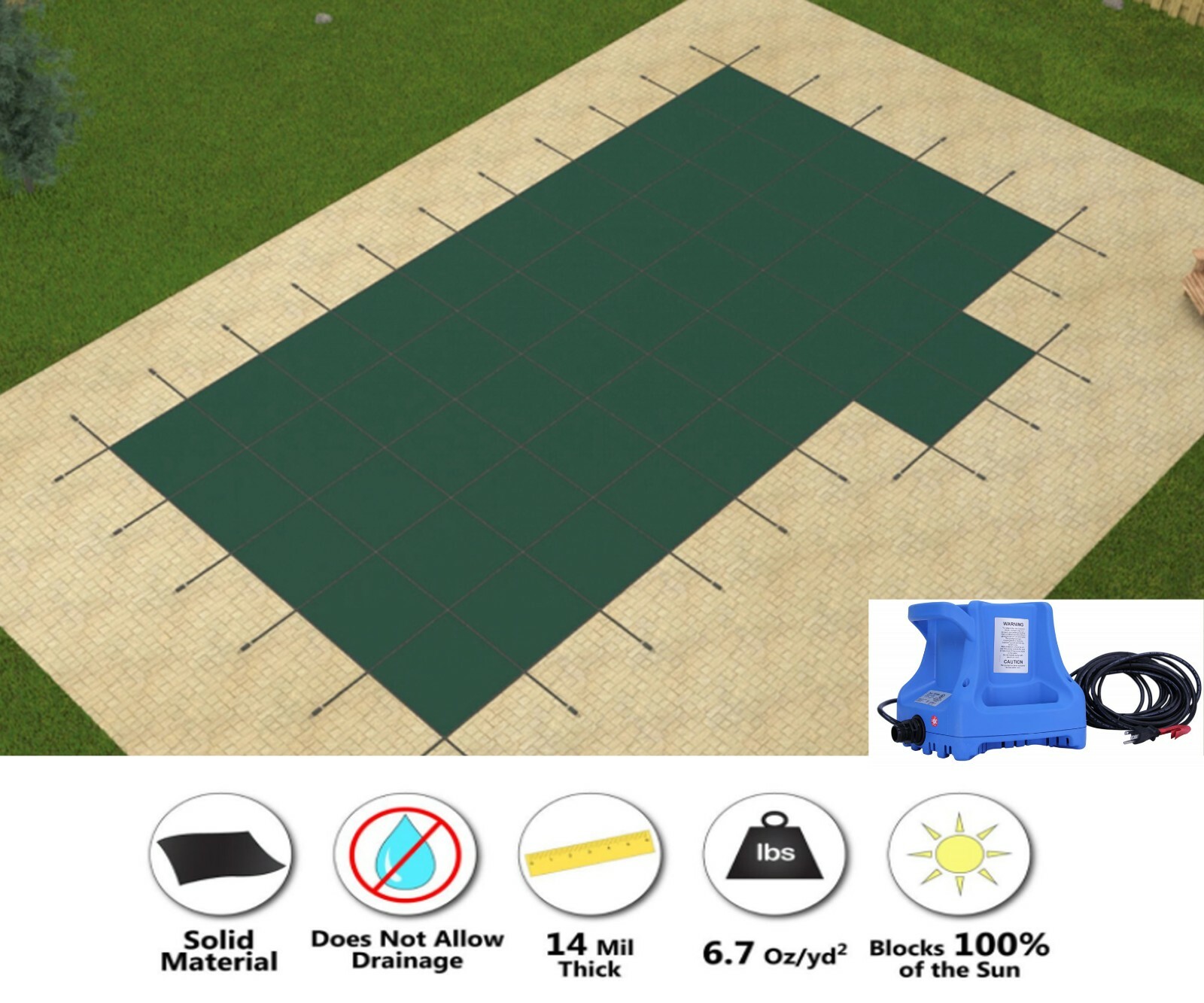 GLI HyperLite Solid w/ Pump Rectangle Pool Safety Cover w/ Right 2 ...