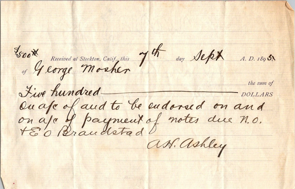 1895 GEORGE MOSHER A H ASHLEY 5.5 X 8.5" CASH RECEIPT STOCKTON CA Z194 ...