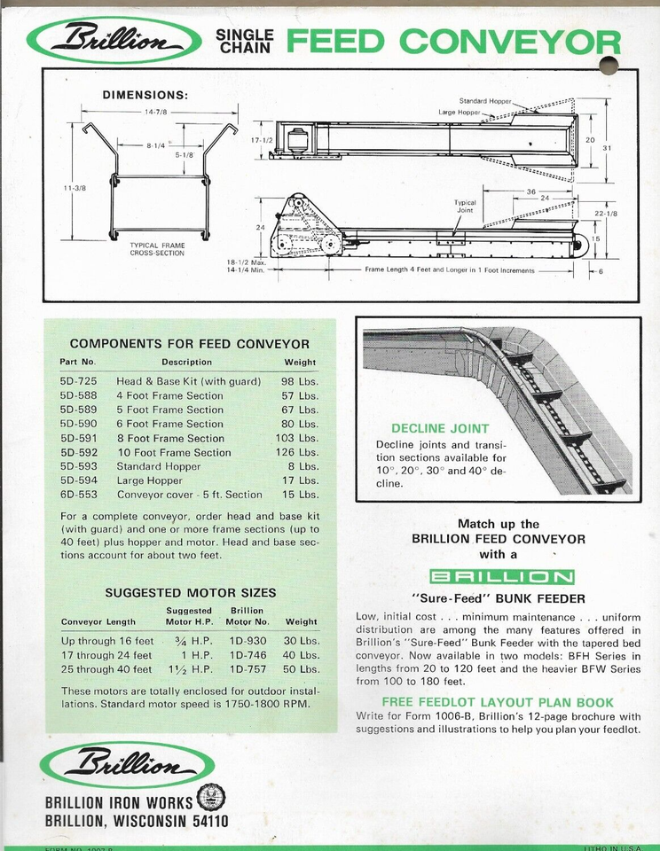 BRILLION IRON WORKS SINGLE CHAIN FEED CONVEYOR Silage Specifications ...