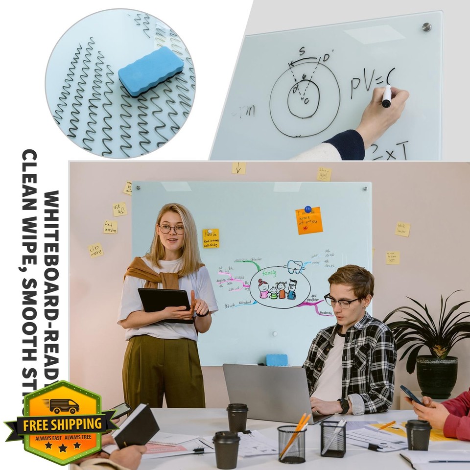 Glass Whiteboard 48"x36" Magnetic Frameless Wall Mount Dry Erase Board ...