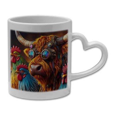 Steam Punk Highland Cow & Chickens Funny Novelty Mug w/ Heart Shaped ...