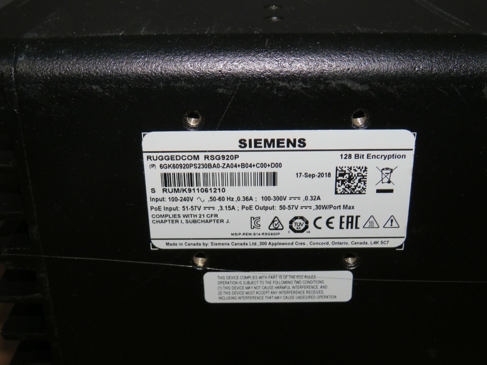 SIEMENS RUGGEDCOM RSG920P ETHERNET SWITCH 6GK60920PS230BA0 ...