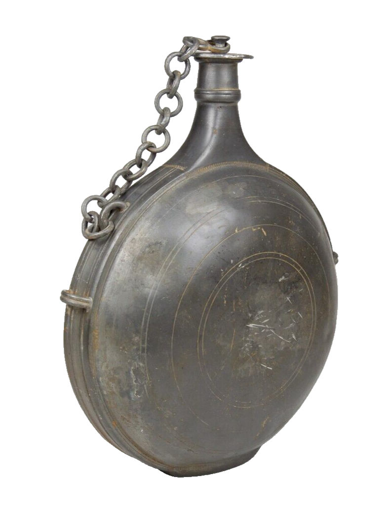 19th C. Pewter Pilgrim Flask, Canteen with Chain and Screw On Lid | eBay